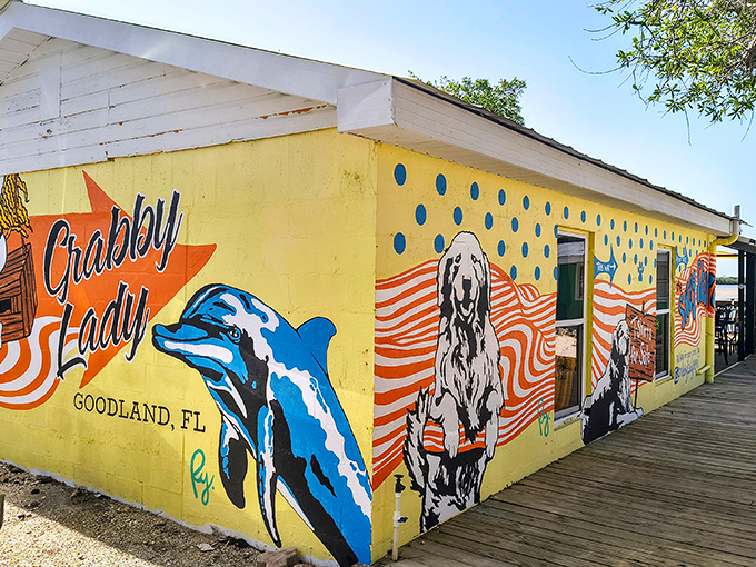 The sunshine-yellow exterior of Crabby Lady announces itself with all the subtlety of a Jimmy Buffett concert&mdash;complete with dolphins, dogs, and enough coastal charm to fill a beach novel. 