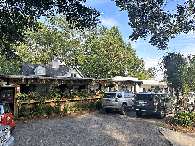 The childhood dream you never outgrew—a treehouse with food! Weathered wood, vibrant flowers, and that porch practically whispers, "Come sit a while."