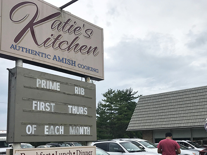 The unassuming exterior of Katie's Kitchen promises no frills, just thrills for your taste buds. That Amish buggy figure knows what's up.