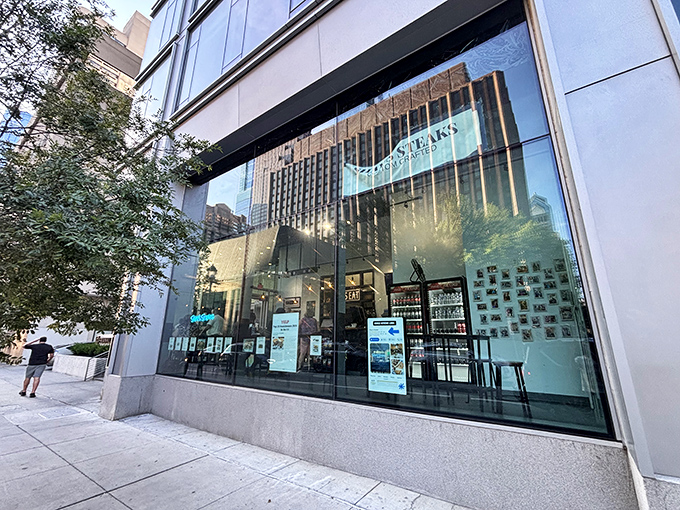 The sleek, modern storefront of Shay's Steaks stands out in Center City Philadelphia, where cheesesteak traditions meet contemporary design sensibilities.