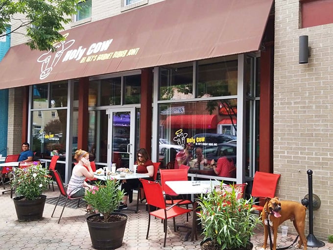 Holy Cow's inviting storefront in Del Ray beckons burger enthusiasts with its simple maroon awning and heavenly bovine logo&mdash;a preview of the divine experience within.