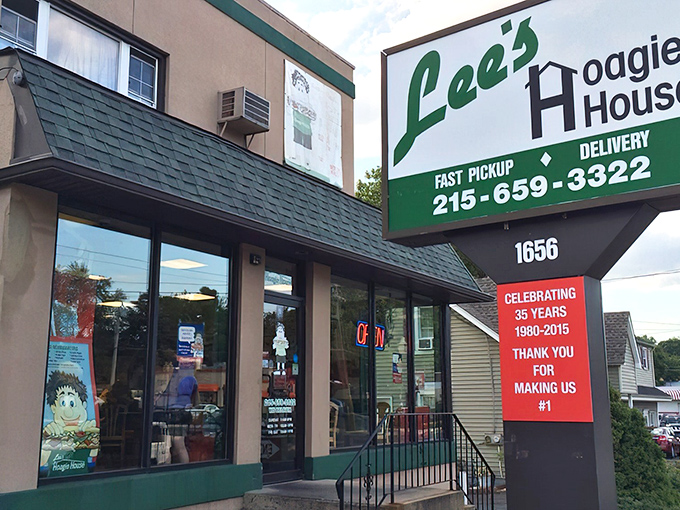 The unassuming exterior of Lee's Hoagie House in Abington – where sandwich greatness hides behind a modest façade. No fancy frills, just hoagie thrills.