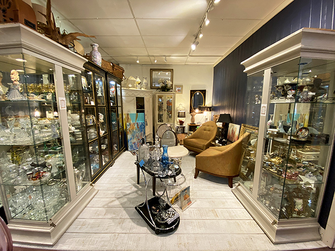 Step into a wonderland where crystal display cases frame elegant sitting areas, inviting you to imagine these treasures in your own living room.