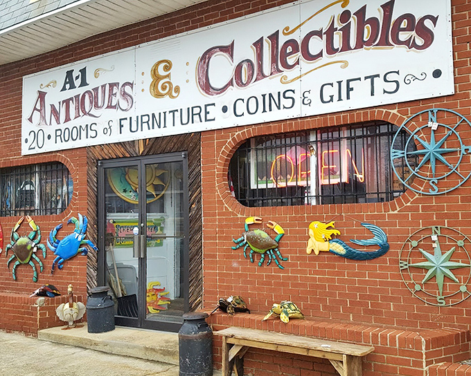 The nautical-themed fa&ccedil;ade of A-1 Antiques welcomes treasure hunters with colorful crabs and compass roses&mdash;Maryland's coastal charm in brick-and-mortar form.