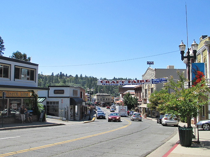 Main Street welcomes you with that iconic "Placerville - Old Hangtown" banner, where history and small-town charm collide under perfect Sierra foothills skies.