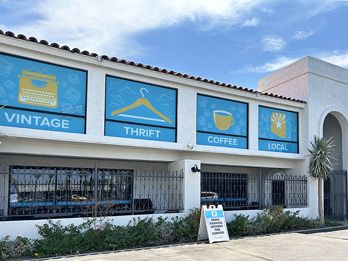 The desert sun gleams off Thrift to Thrive's iconic blue and white fa&ccedil;ade, where "Vintage," "Thrift," "Coffee," and "Local" aren't just words&mdash;they're promises kept.