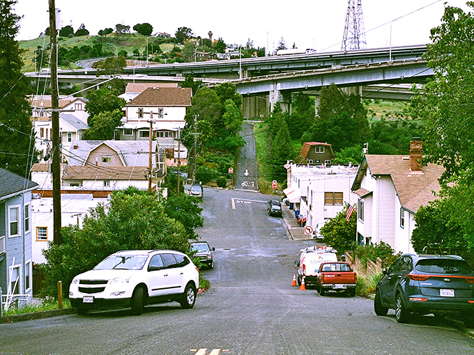 Steep streets and vintage charm define Crockett's downtown, where the imposing Carquinez Bridge stands sentinel over this hidden Bay Area gem.