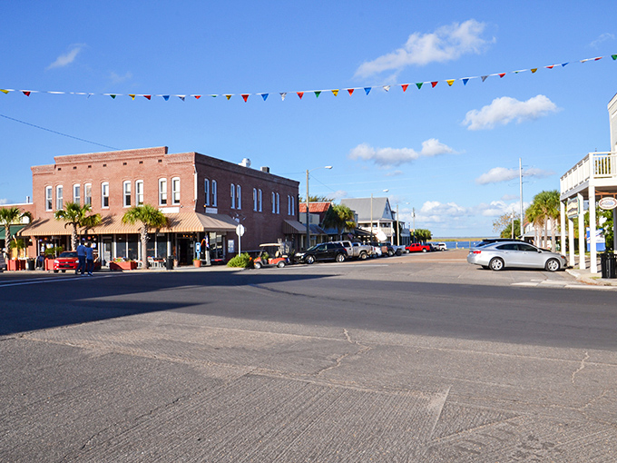 Downtown Apalachicola greets visitors with colorful bunting and historic brick buildings, like a movie set where everyone actually lives their best Florida life.