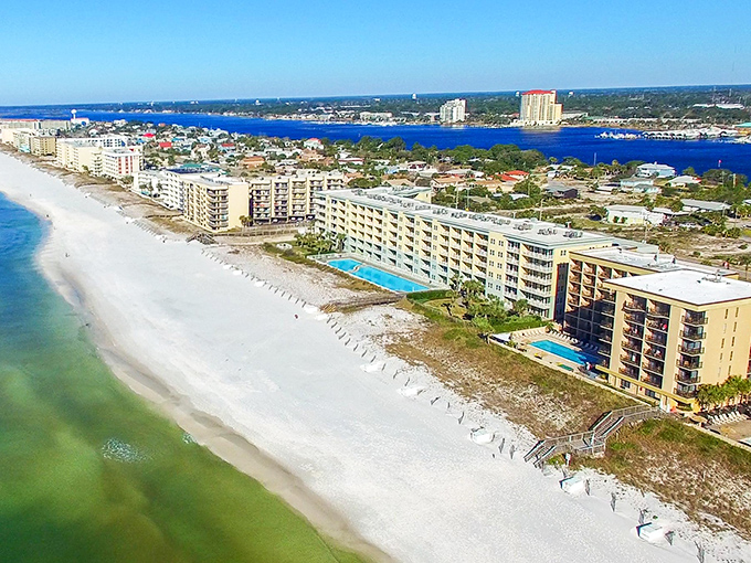 Aerial paradise where emerald waters meet sugar-white sands. Fort Walton Beach's beachfront condos offer front-row seats to nature's greatest show.