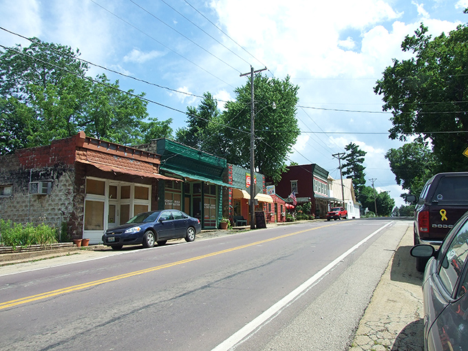 Main Street comes alive during festival season, where locals and visitors mingle under Missouri's impossibly blue skies. Small-town America at its most authentic.
