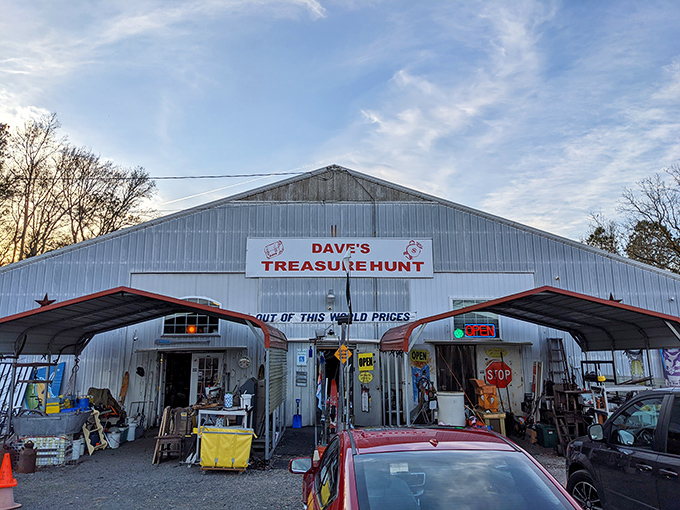 The unassuming exterior of Dave's Treasure Hunt promises "Out of This World Prices" and delivers on that cosmic bargain guarantee.