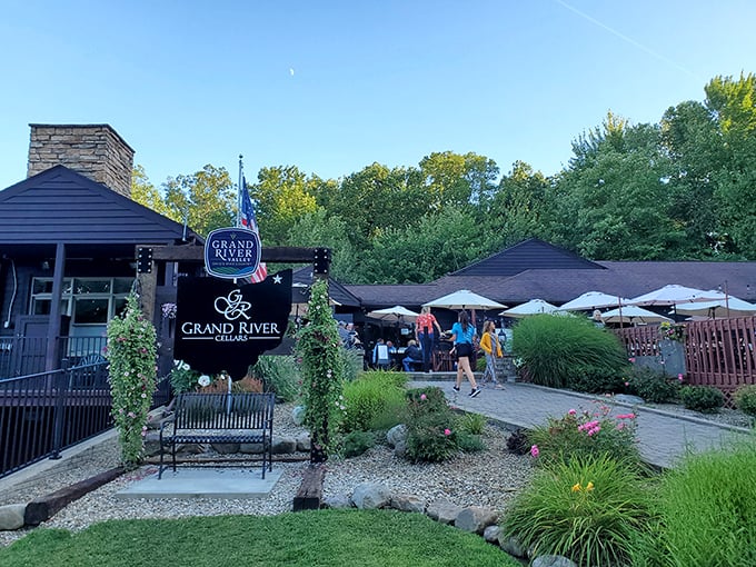 A brick pathway lined with vibrant flowers leads to wine country paradise. Ohio's European escape awaits at the end of this inviting entrance.