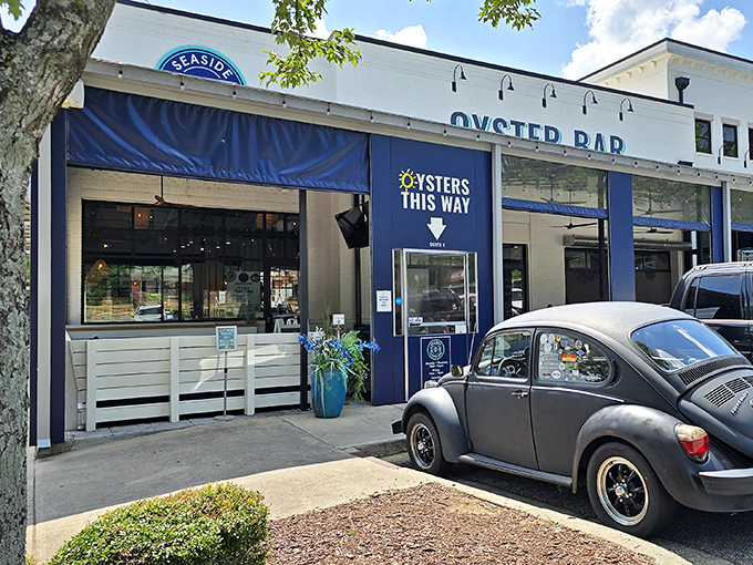 The crisp white exterior with navy blue accents makes Seaside Oyster Bar stand out in suburban Suwanee like a lighthouse beckoning hungry seafood lovers.