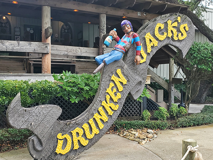 Welcome to seafood paradise! Drunken Jack's rustic exterior, complete with that iconic anchor sign, promises maritime delights under South Carolina's blue skies.