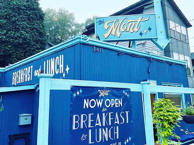 The Mont's electric blue exterior isn't just a building&mdash;it's a morning beacon of hope for the breakfast-deprived masses of Portland.