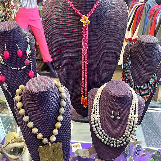 Jewelry displays that rival boutique presentations. These necklaces tell stories of previous lives while waiting to become part of your personal narrative.