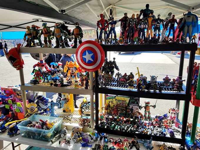 Superhero headquarters! Captain America shields and Ninja Turtles stand guard over this collection that would make any comic book fan's spidey senses tingle.