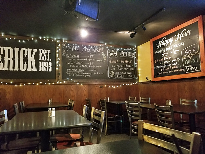Chalkboard specials and twinkling lights create the perfect backdrop for burger epiphanies. This room has witnessed countless "Oh my God" moments.
