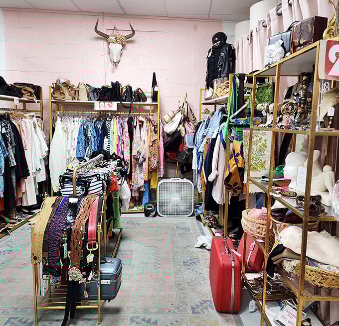The clothing section features a cow skull sentinel watching over vintage fashion finds. Even the mannequins seem to be plotting their escape.