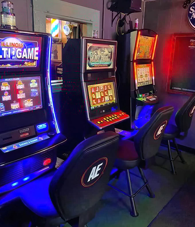 The gaming area glows with electronic promise. In the age of smartphones, there's something wonderfully nostalgic about feeding quarters into machines for entertainment.