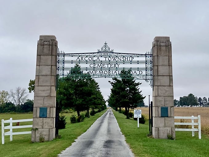 The cemetery entrance speaks to Arcola's appreciation for dignity and history. That long, tree-lined approach gives visitors time for reflection and remembrance.