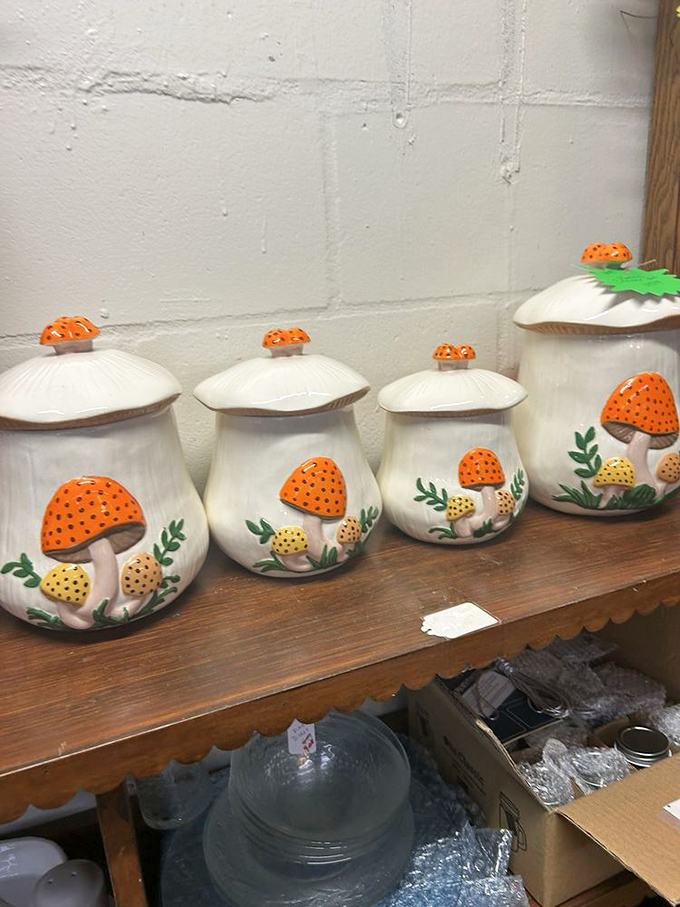 The mushroom canister set marches in graduated formation&mdash;1970s kitchen kitsch that somehow feels both nostalgic and surprisingly current.