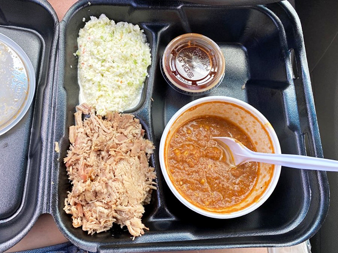 To-go containers that prove good things come to those who can't wait to get home before diving into that Brunswick stew.