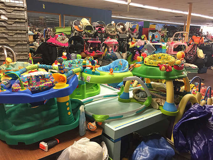 Activity centers and walkers await tiny explorers, each one promising to entertain a baby just long enough for parents to finish a cup of coffee.