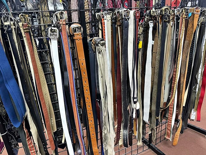 A leather rainbow of belts&mdash;each one previously tasked with the noble duty of keeping someone's pants exactly where they belong.