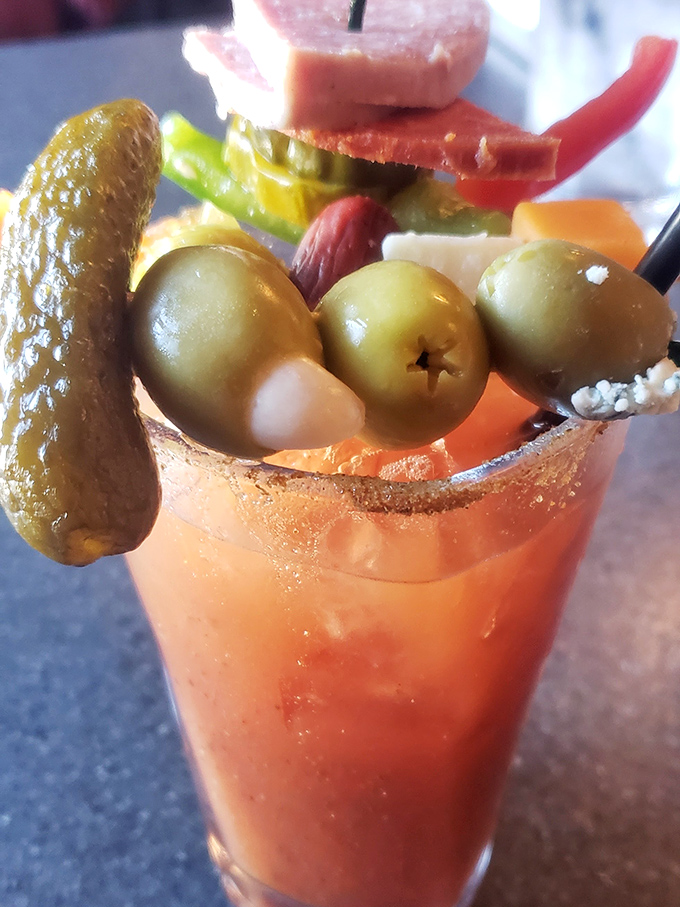 A Bloody Mary that doubles as an appetizer, garnished with enough vegetables and pickled goodies to count as a small salad course.