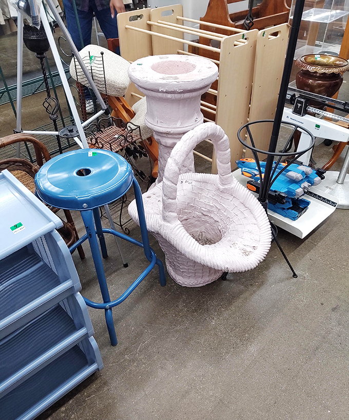 Organized chaos in the home goods section. That white basket and blue stool could transform your entryway or become the perfect plant stand.