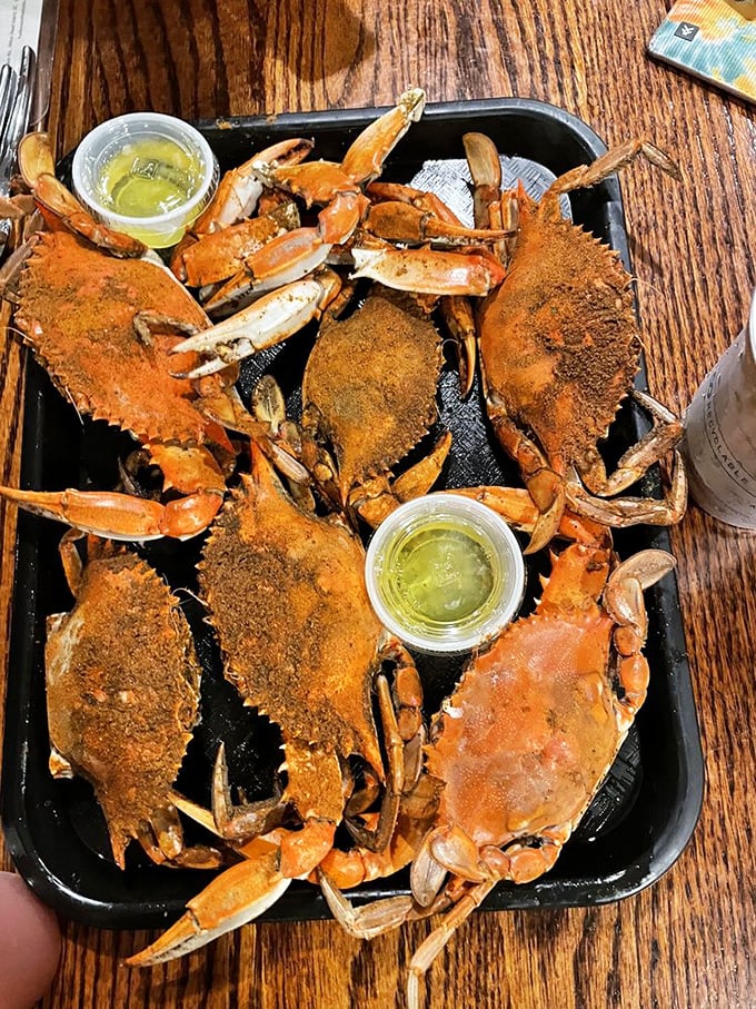 Blue crabs seasoned and ready for their close-up. Breaking into these beauties is like cracking nature's most delicious puzzle box.