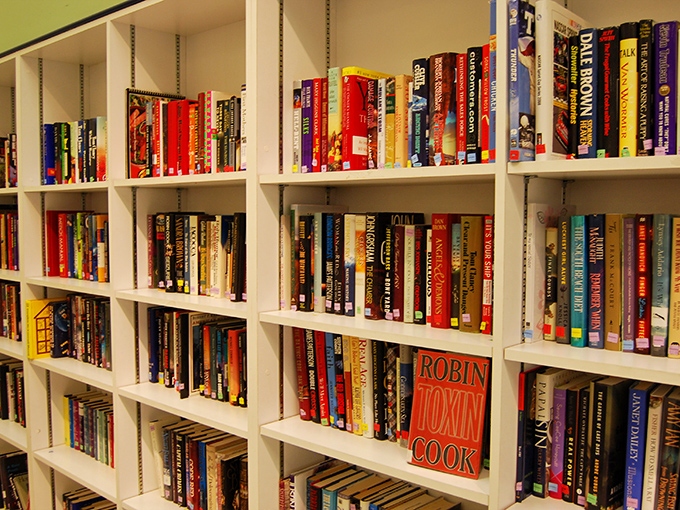 Literary treasures organized with delightful randomness. Where else might Stephen King rub spines with Julia Child?