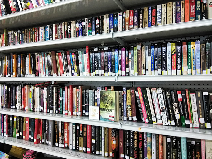 Literary treasures stacked spine-to-spine &ndash; bestsellers from yesteryear rubbing covers with classics, each waiting to tell their stories for pocket change prices.