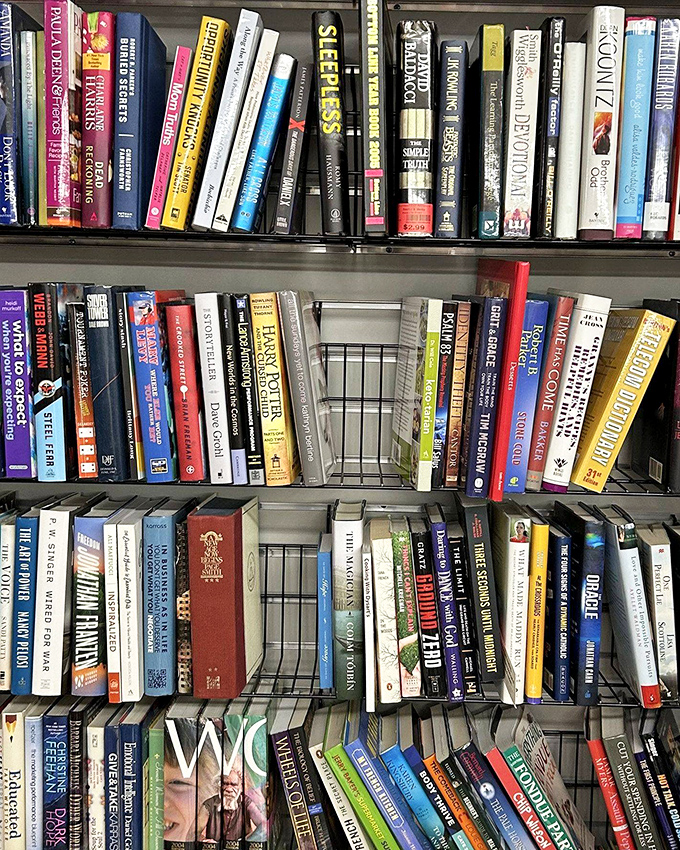 Each spine tells two stories: the one printed inside and the silent tale of who read it before you came along.