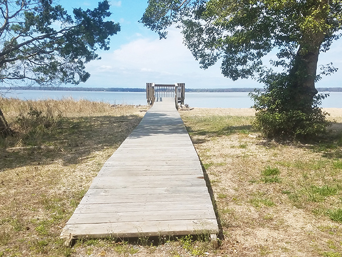 This wooden boardwalk practically begs you to stroll toward the river, camera in hand, worries left behind.