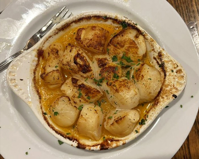 These broiled scallops, caramelized to perfection, are having such a good time in that buttery sauce they forgot they're no longer in the ocean