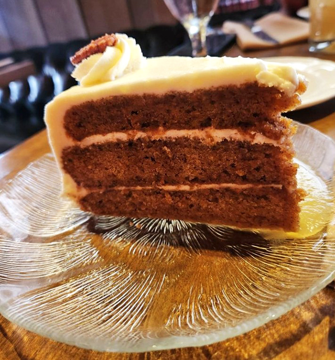 Carrot cake that makes you question why anyone would ever choose chocolate. Those layers are architectural marvels worthy of their own History Channel special.