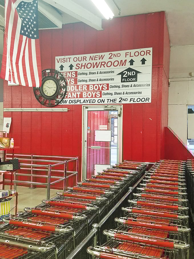 The red shopping carts stand at attention, ready for their mission. Fill one up and you've joined the ranks of savvy secondhand warriors.