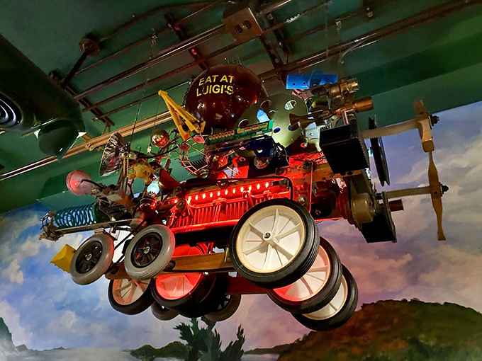 Look up to spot the whimsical vintage fire engine suspended from the ceiling&mdash;proof that Italian restaurants, like life, are better with unexpected surprises.