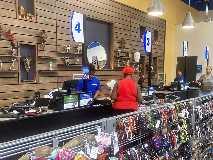 Checkout counters with numbered stations &ndash; the finish line where victorious treasure hunters complete their quest with wallets still intact.