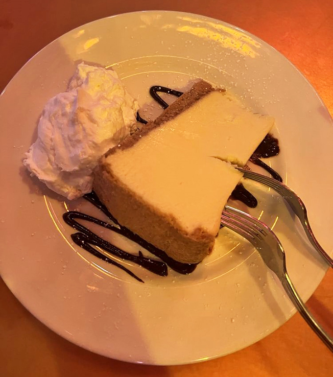 Cheesecake that doesn't need to shout for attention&mdash;just a whisper of sweetness, a dollop of cream, and chocolate drizzle playing supporting roles.