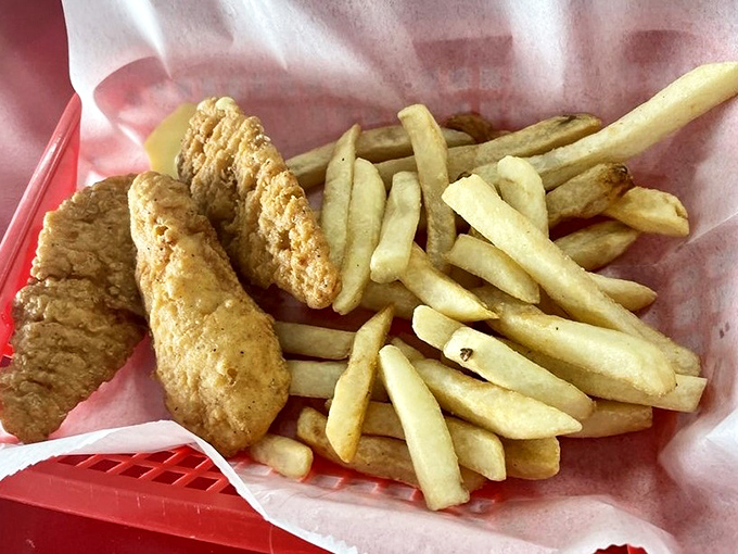 Chicken tenders that actually deserve the name "tender," with fries that make you wonder why you ever bothered with fancy restaurants.