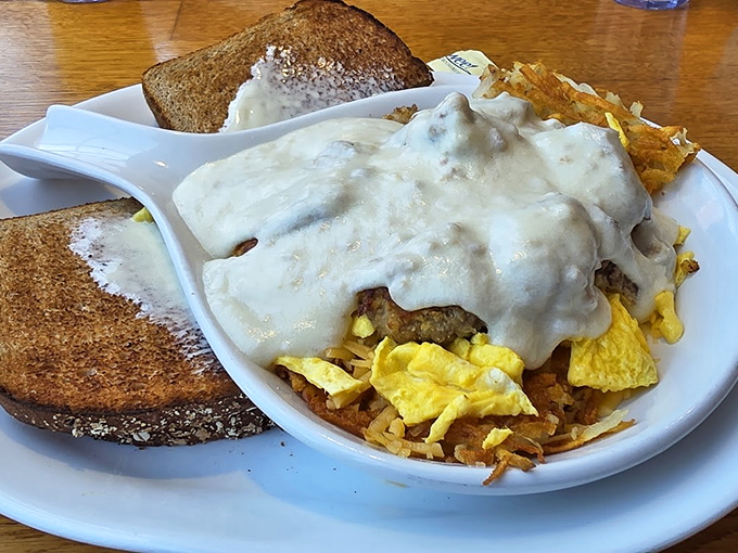 Chicken fried steak swimming in gravy like it's training for the Olympics. A dish that understands the meaning of "go big or go home."