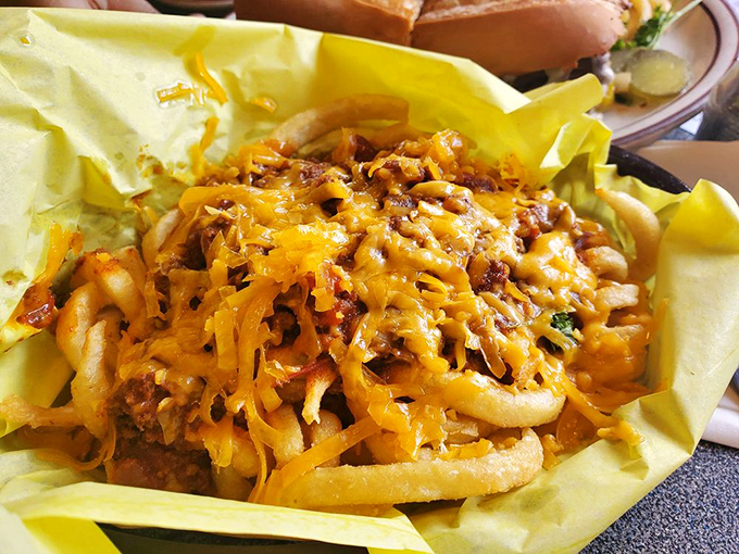 Chili cheese fries that laugh in the face of diet plans&mdash;a glorious mess of crispy potatoes, savory chili, and melted cheese worth every napkin.
