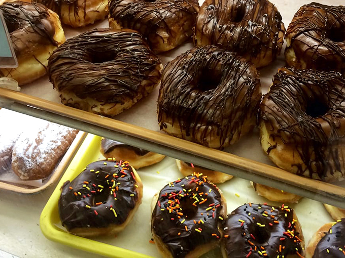 Chocolate-glazed donuts with festive sprinkles sit like edible jewelry, tempting you to rethink your relationship with moderation.