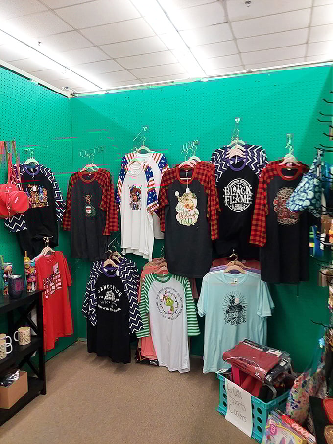 Seasonal apparel with Ozark attitude hangs ready for shoppers who want to bring a bit of Branson back home.