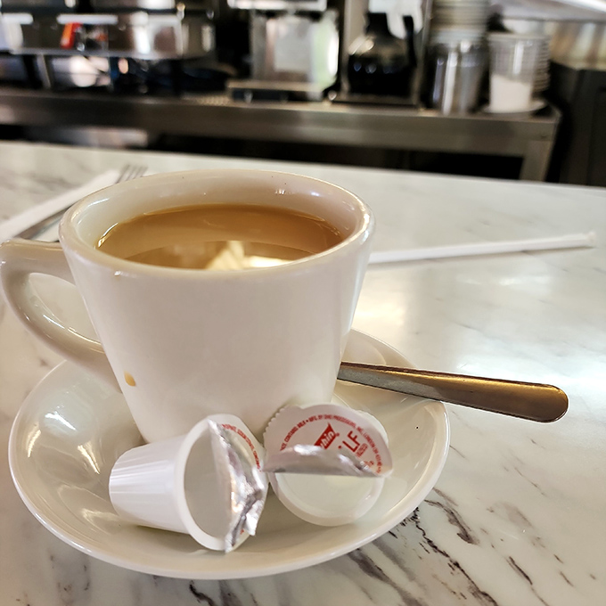 The lifeblood of any respectable diner: coffee served hot, strong, and frequently refilled without having to flag anyone down.