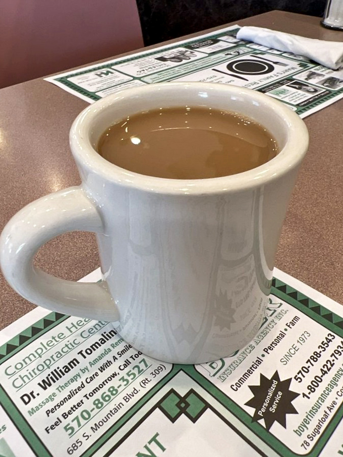 Coffee that keeps the conversation flowing and the morning energy buzzing throughout this friendly dining room.