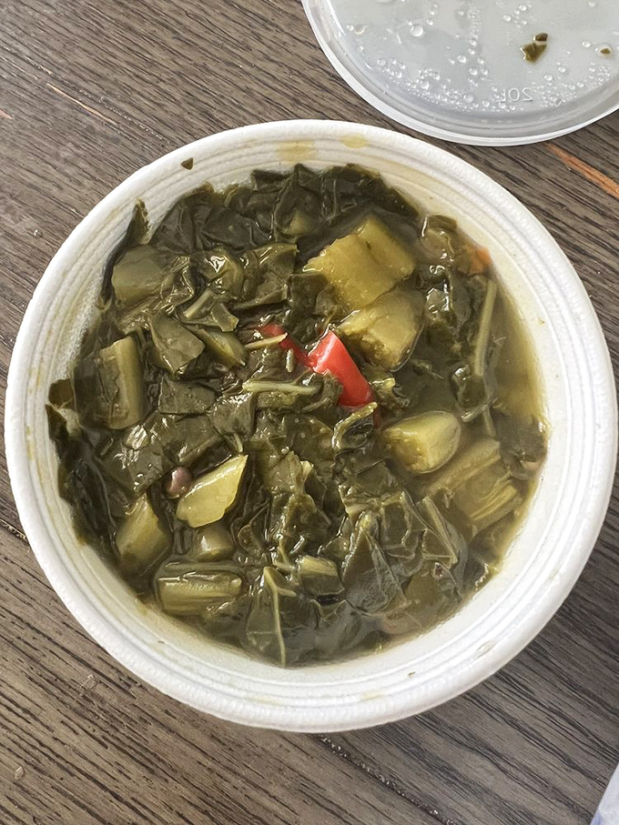 Collard greens cooked to perfection, tender and flavorful without a hint of bitterness in sight anywhere.